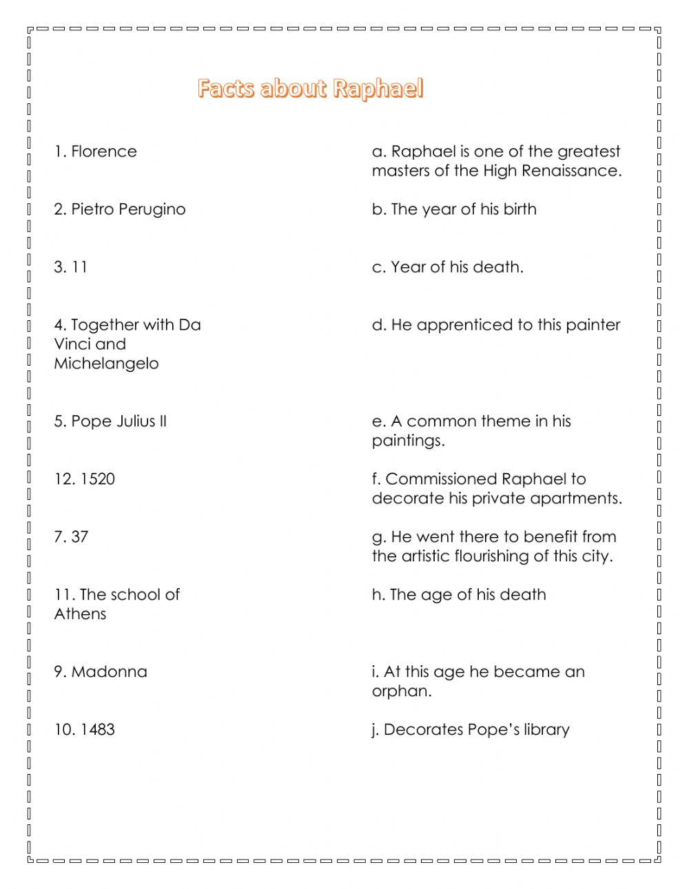 Unit 3 - Raphael - Matching worksheet | Live Worksheets