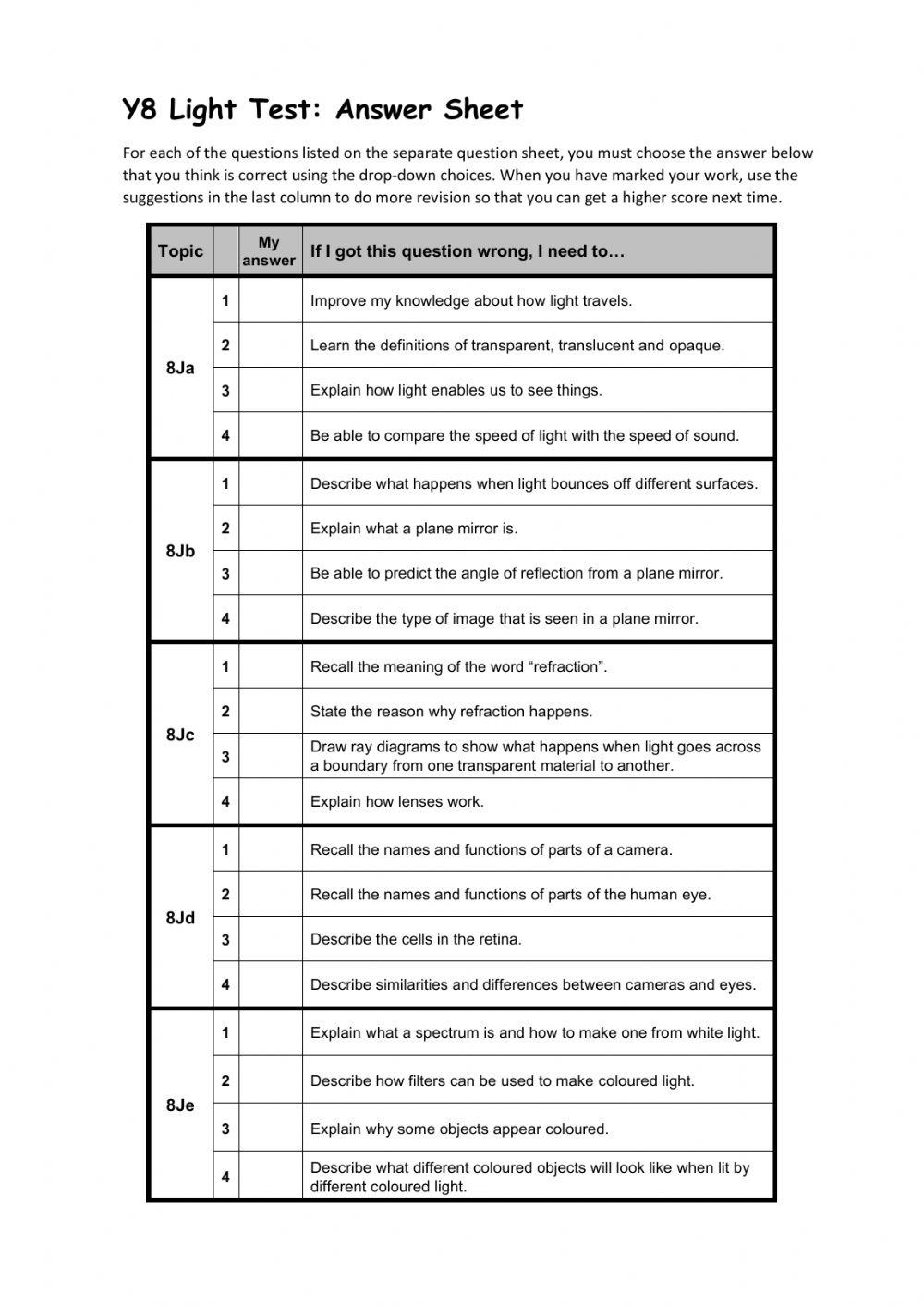 Light - Y8 Answ… | Free Interactive Worksheets | 590269