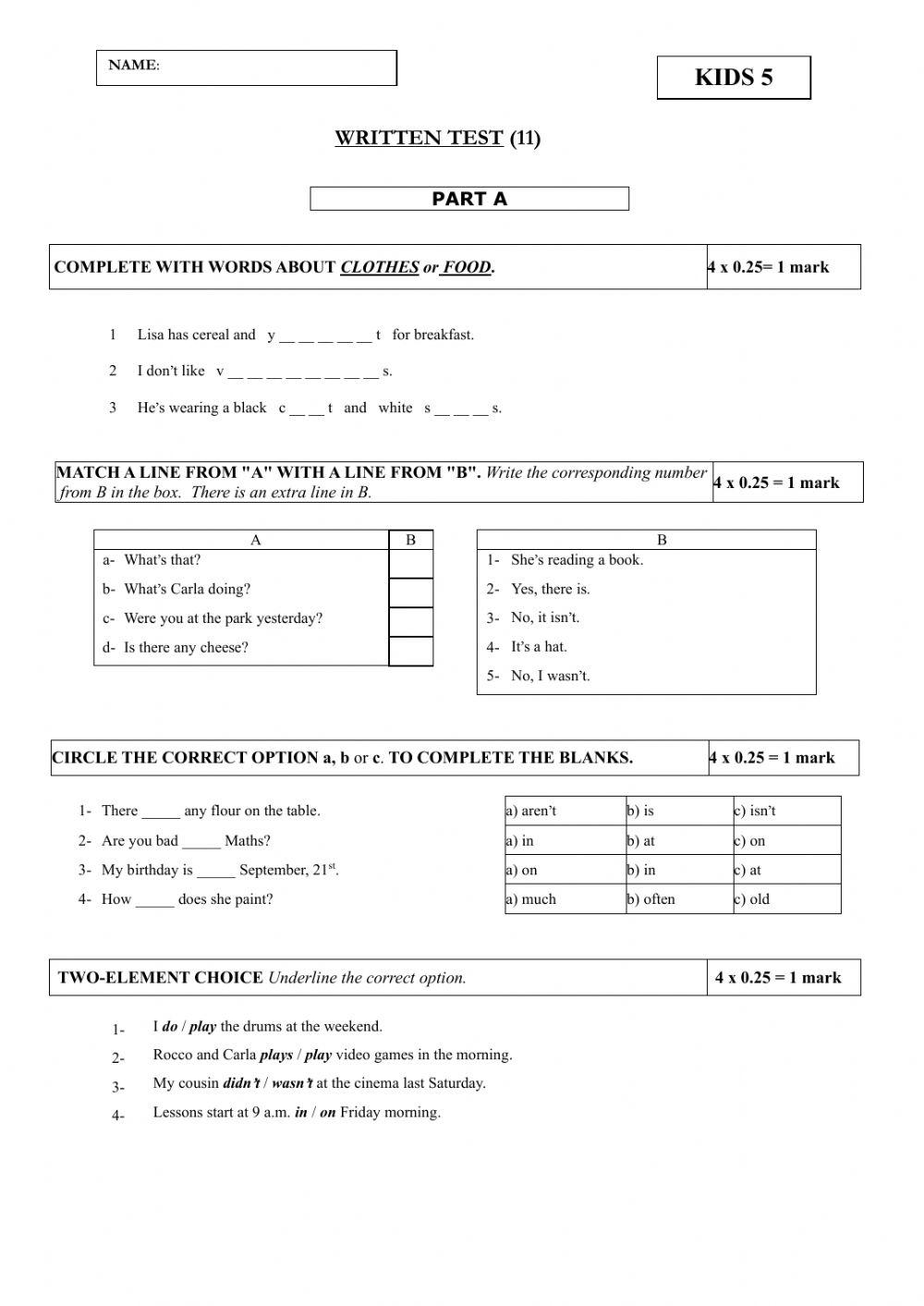 Kids 5 - WRITTEN TEST (11) worksheet | Live Worksheets