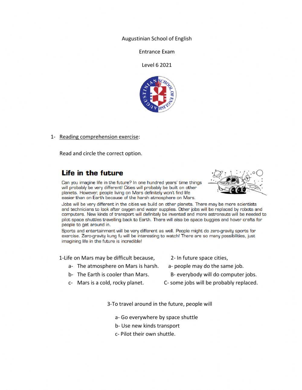 Exam entrance level 6 worksheet | Live Worksheets