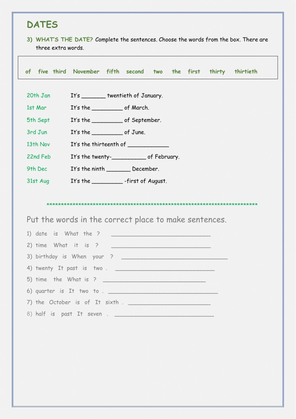 Holidays and Celebrations,Telling the time,Dates worksheet | Live ...