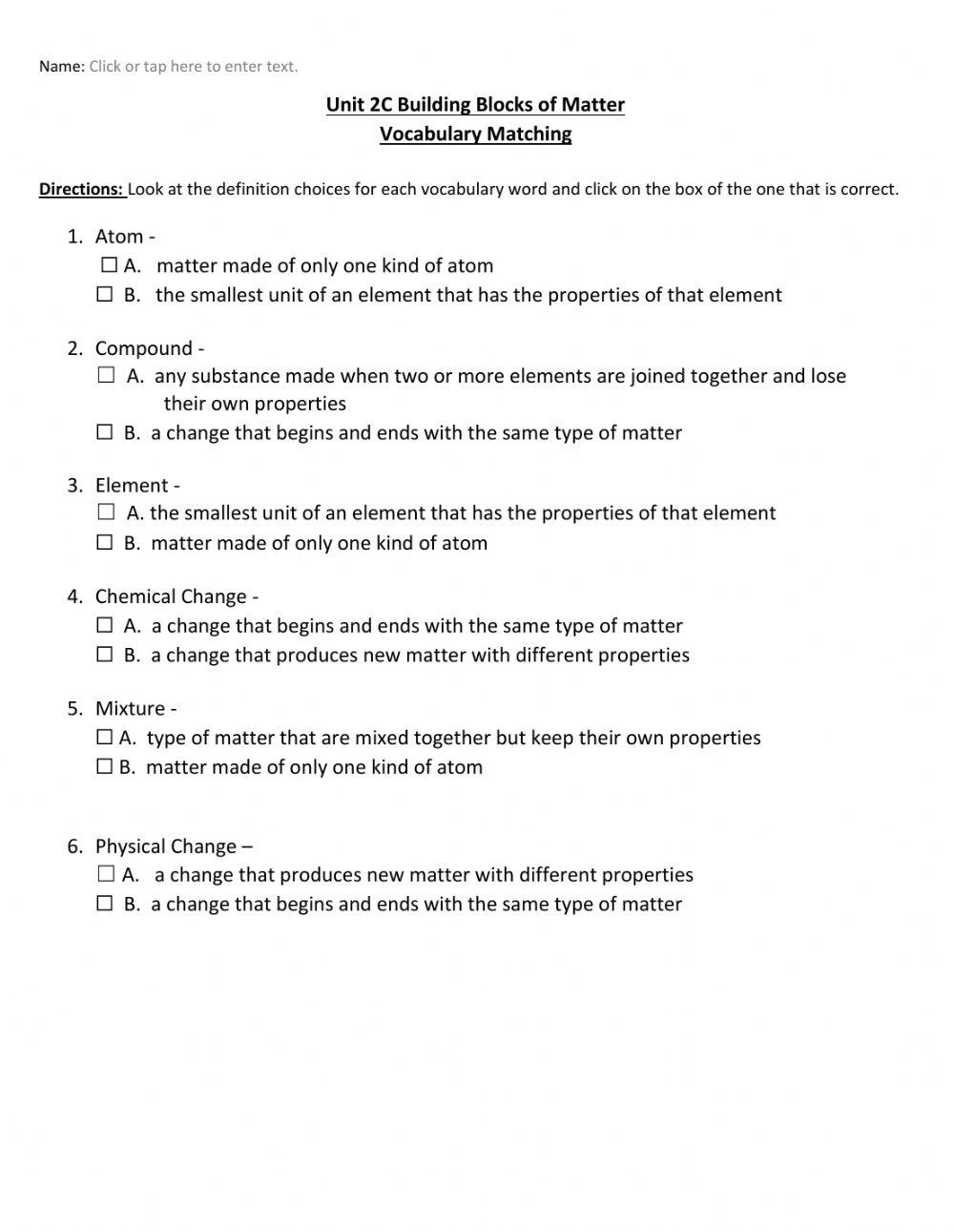 Building Blocks of Matter Vocabulary Text Only worksheet | Live Worksheets
