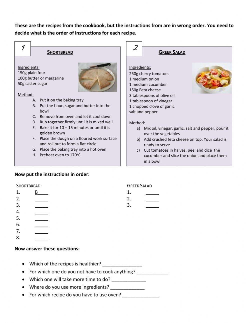 Order the recipe | Free Interactive Worksheets | 593963