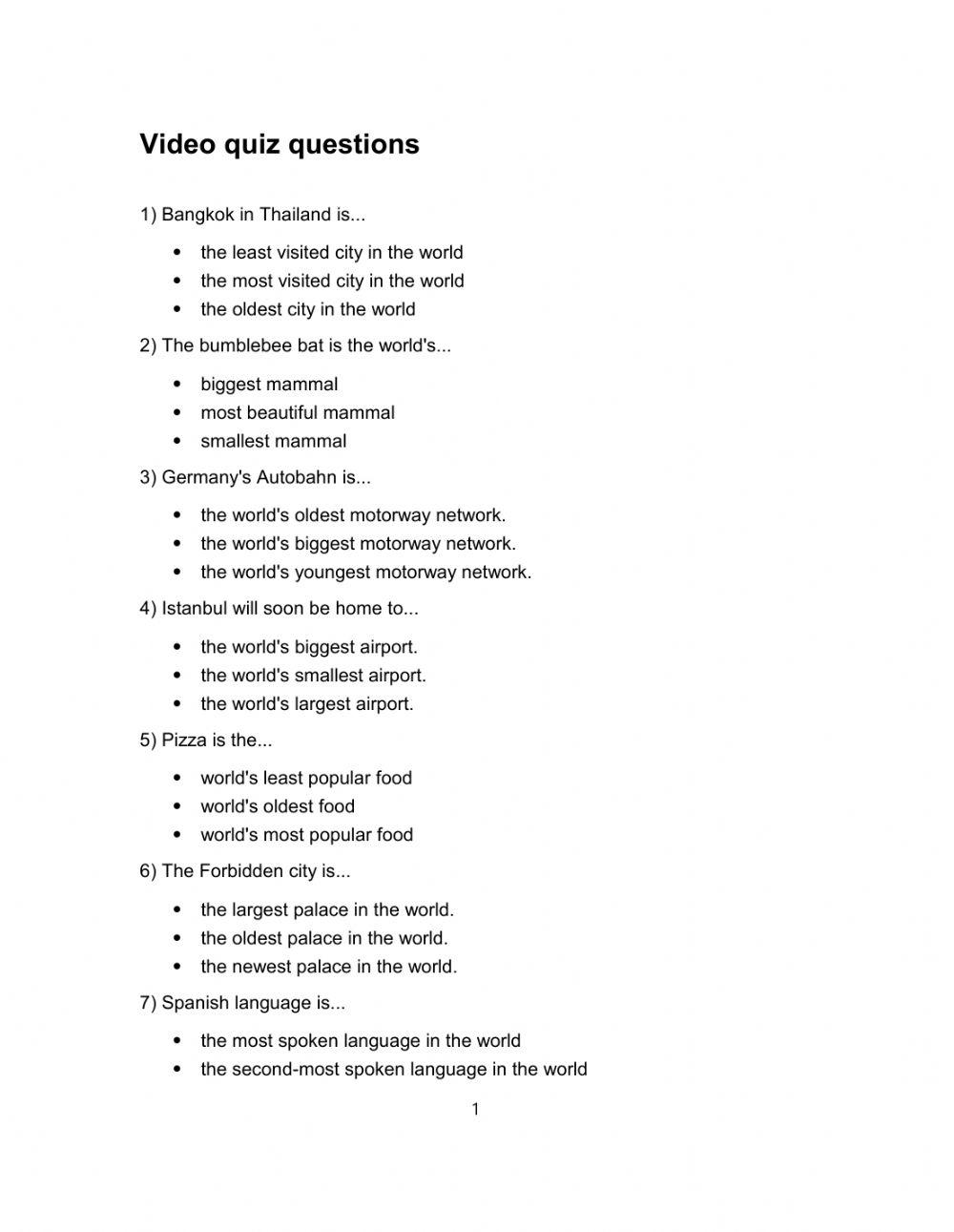 Top 10 Travel Destinations interactive worksheet | Live Worksheets