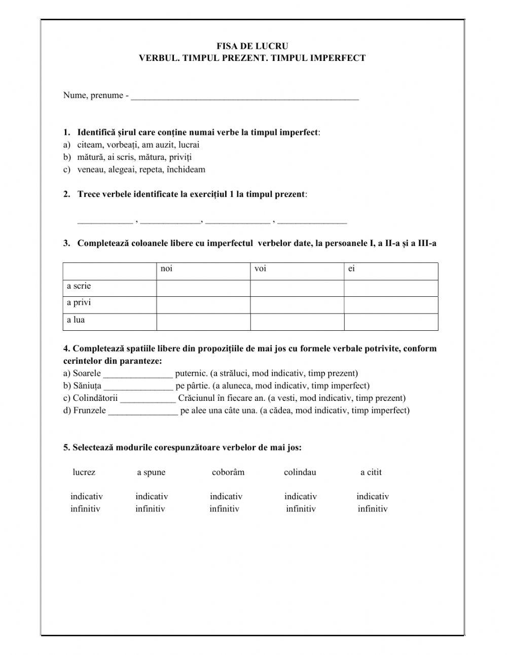 Fisa de lucru - Verbul. Prezent. Imperfect online exercise for | Live ...