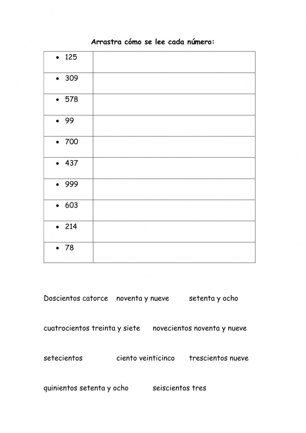 lectura de números hasta 3 cifras worksheet | Live Worksheets