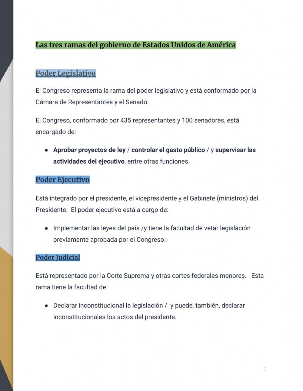 Hoja De Trabajo Sobre Las Tres Ramas Del Gobierno