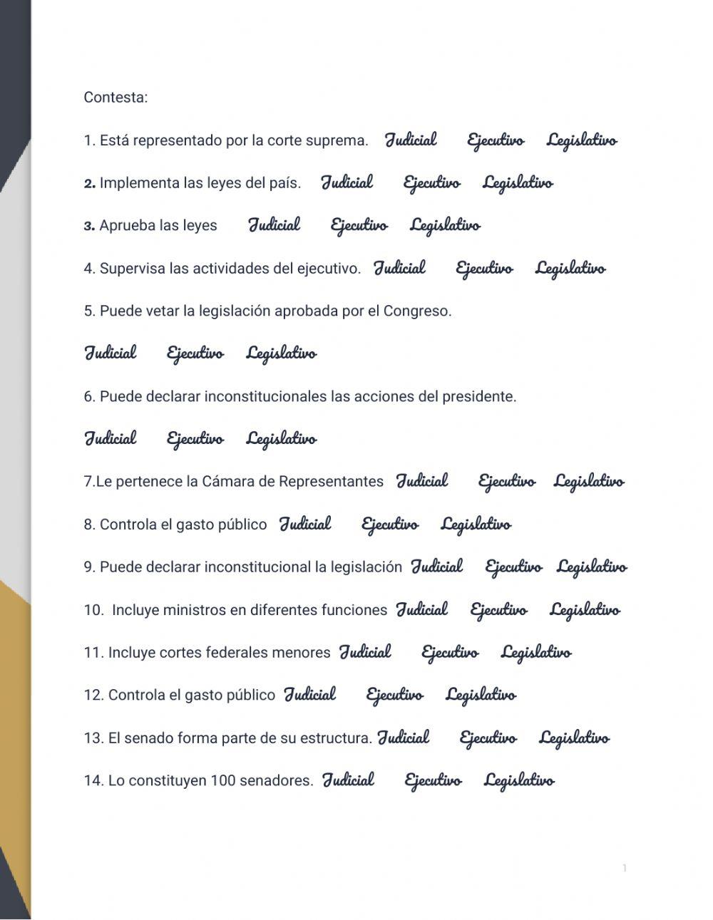 Hoja De Trabajo Sobre Las Tres Ramas Del Gobierno