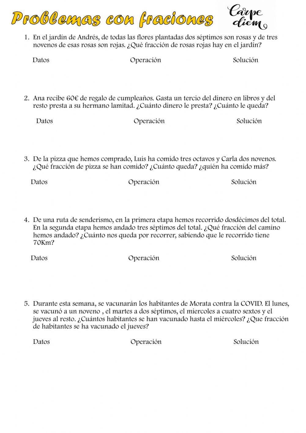Problemas con fracciones online exercise | Live Worksheets