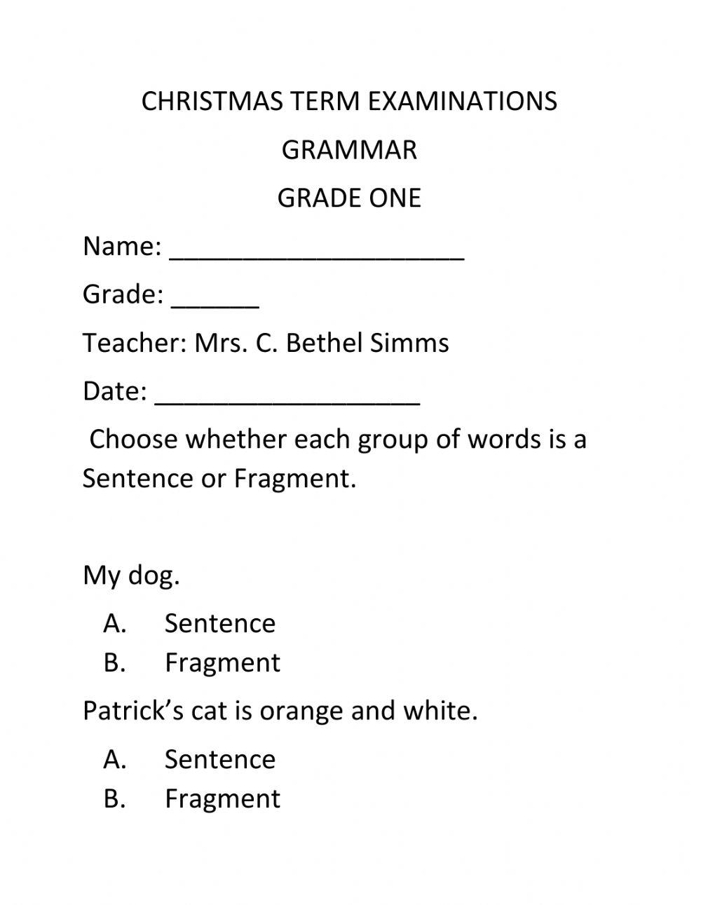 Candida Bethel Simms | Christmas Term Grammar Exam