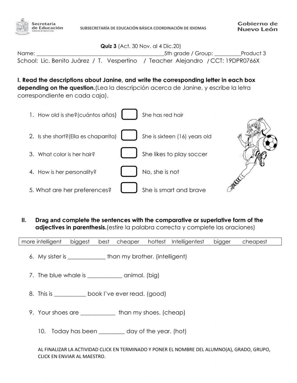 5th grade-quiz 3-30 nov. al 4 dic worksheet | Live Worksheets