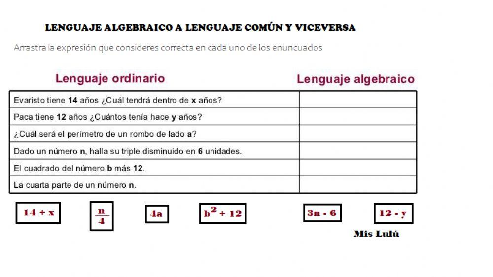 Lenguaje algebraico online pdf activity | Live Worksheets