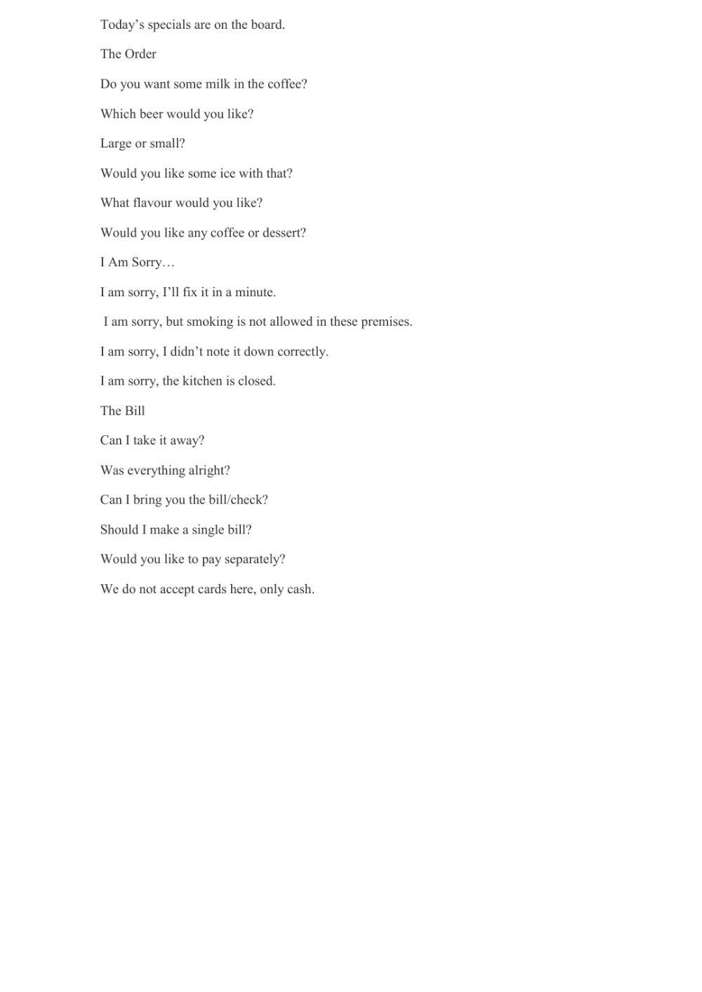 Bar phrases worksheet | Live Worksheets