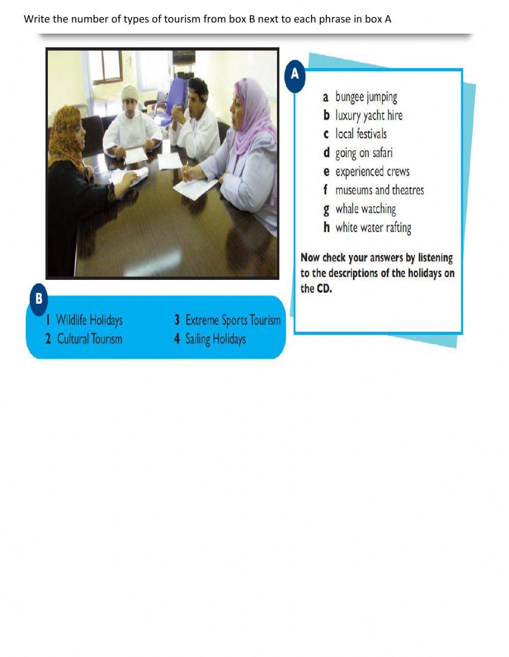 Write the number of types of tourism from box B next to each phrase in ...