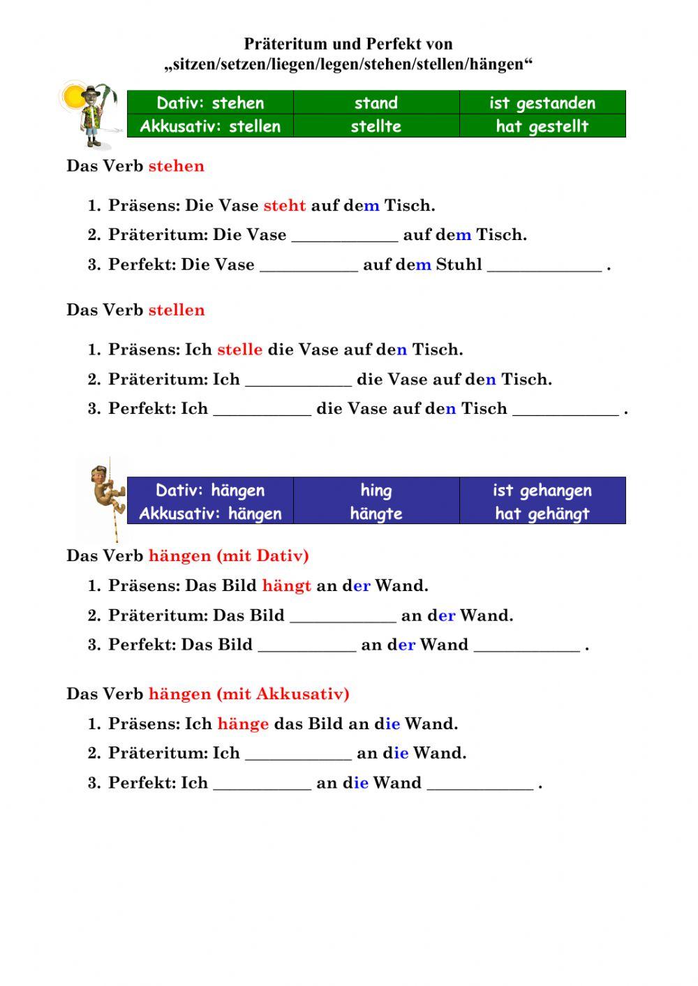 Präteritum Perfekt - stellen-stehen-liegen-legen-sitzen-setzen-hängen ...