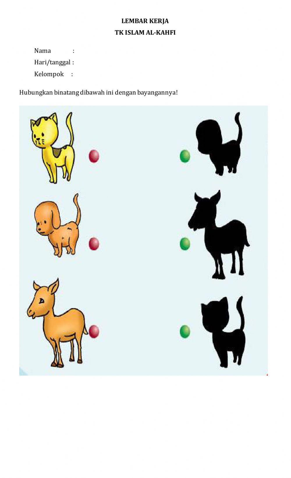 Lembar kerja menghubungkan binatang dengan bayangannya worksheet | Live ...
