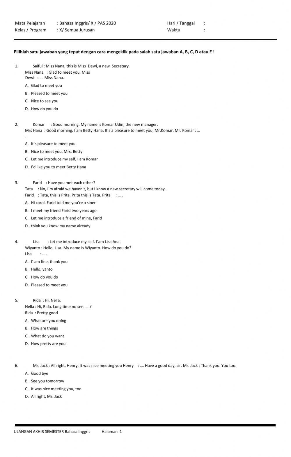 UAS Gasal Kelas X SMK 2020 worksheet | Live Worksheets