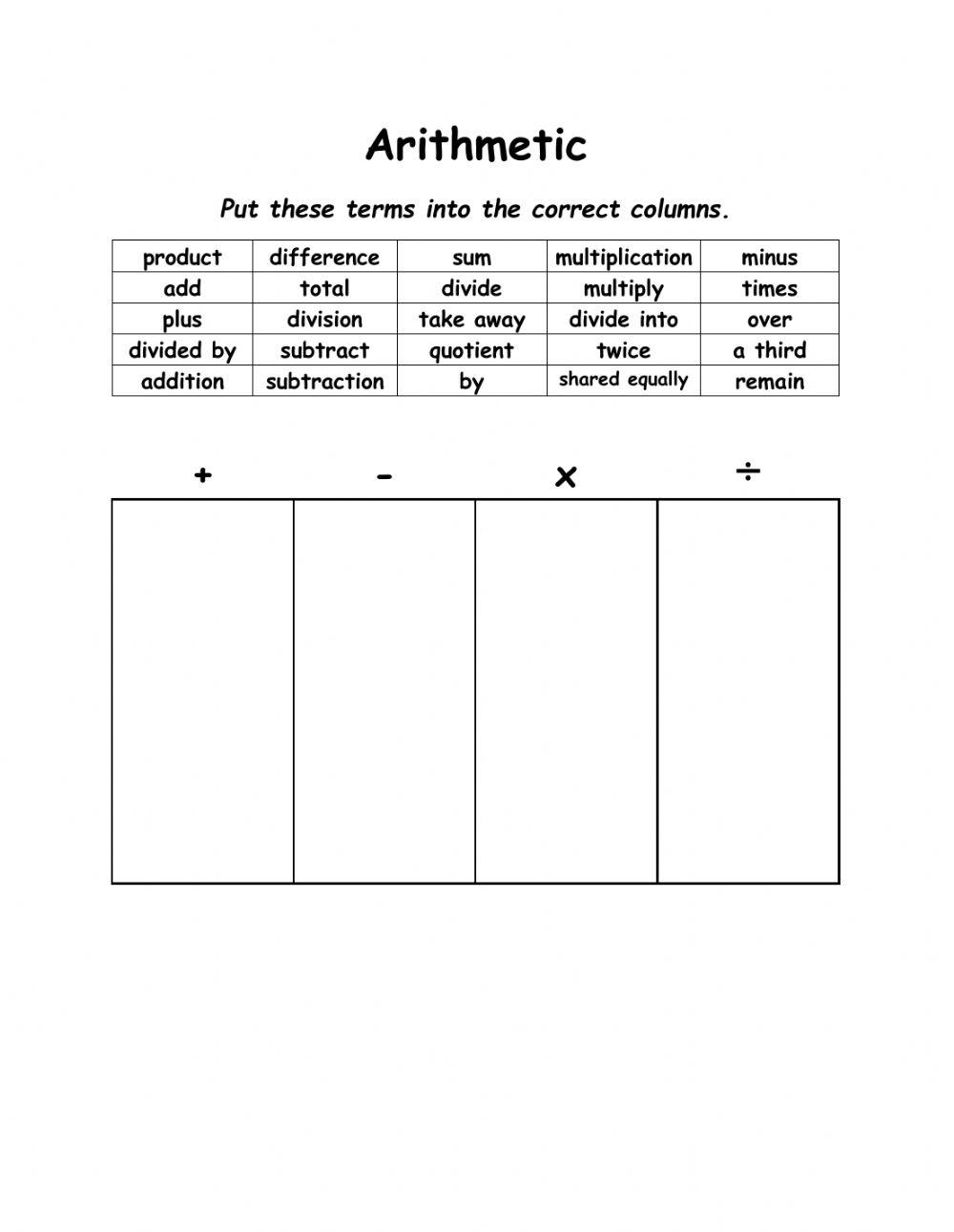Arithmetic Terms Worksheet | Live Worksheets