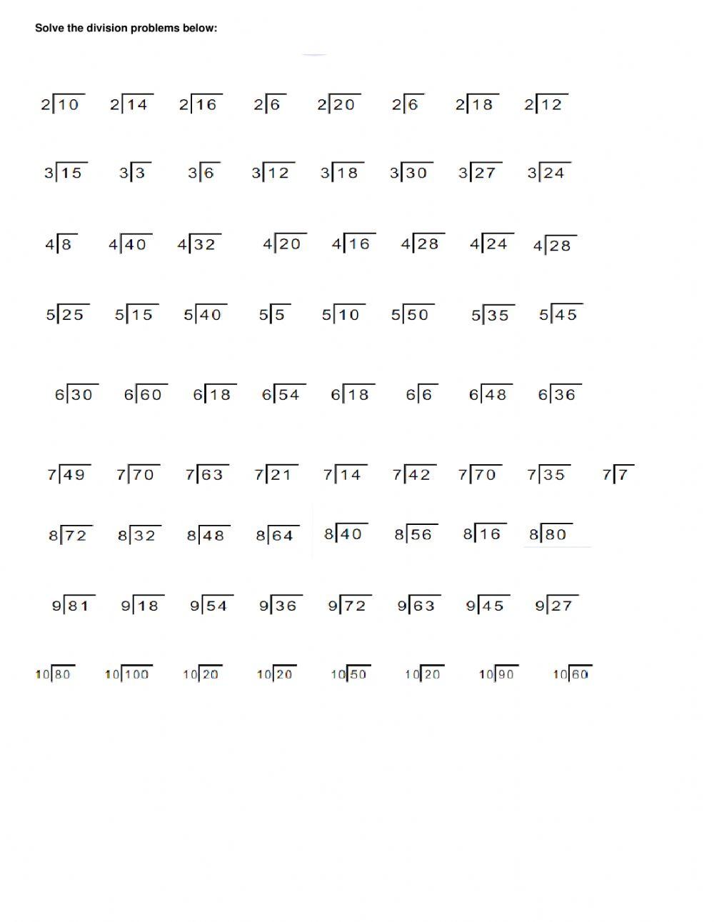 division table worksheets