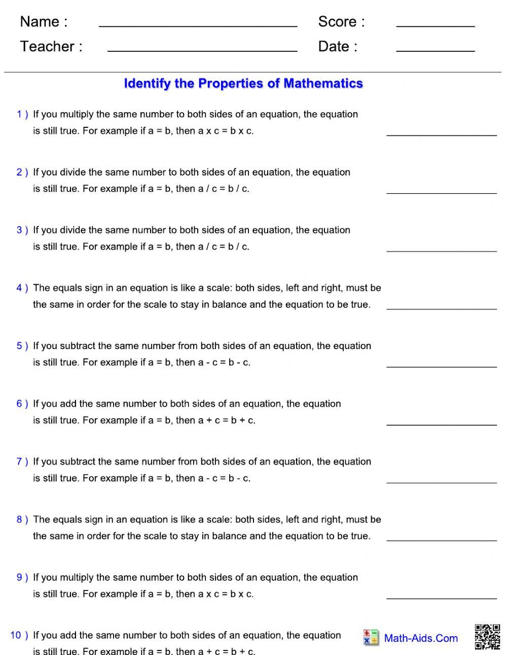 Property Of Equality Worksheets