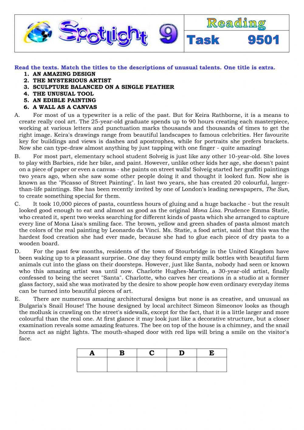 Spotlight 9 Tas… | Free Interactive Worksheets | 223308