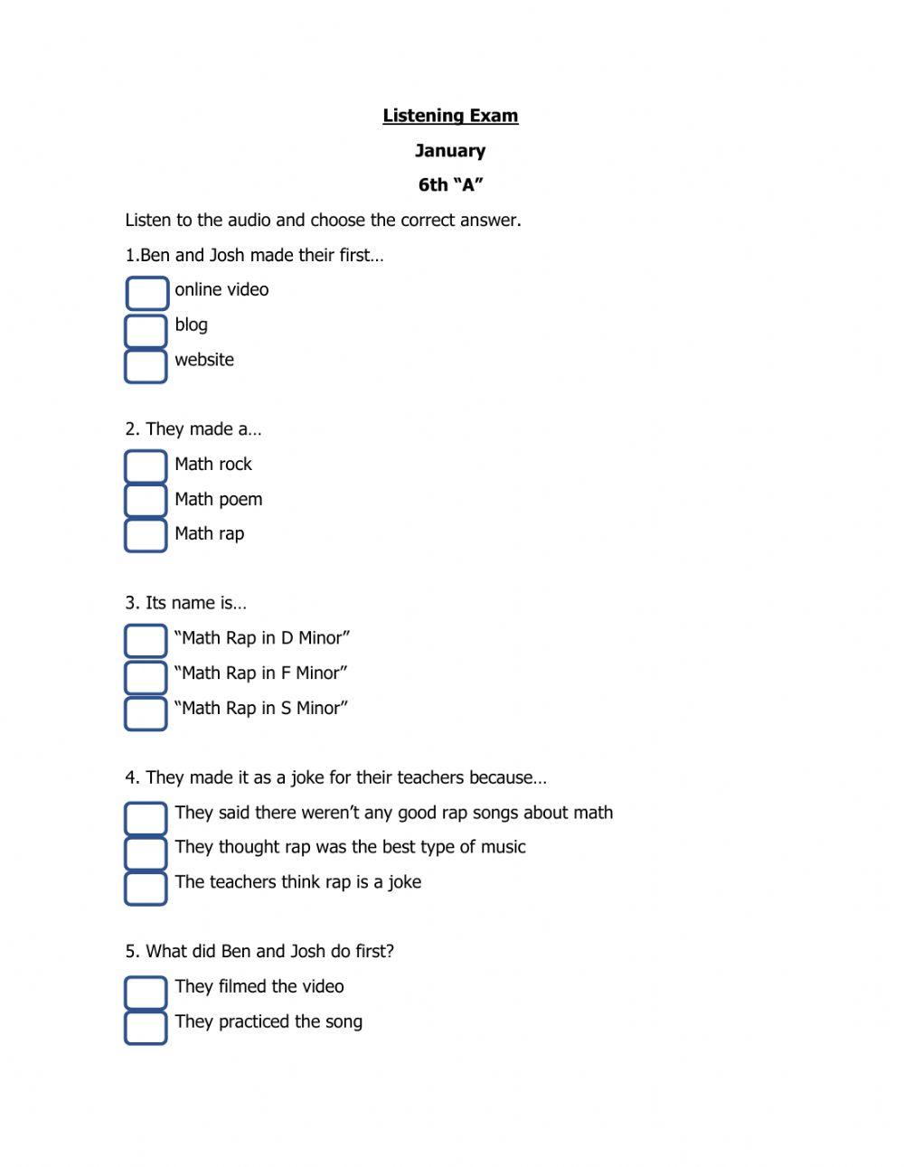Listening Exam 6th January worksheet | Live Worksheets