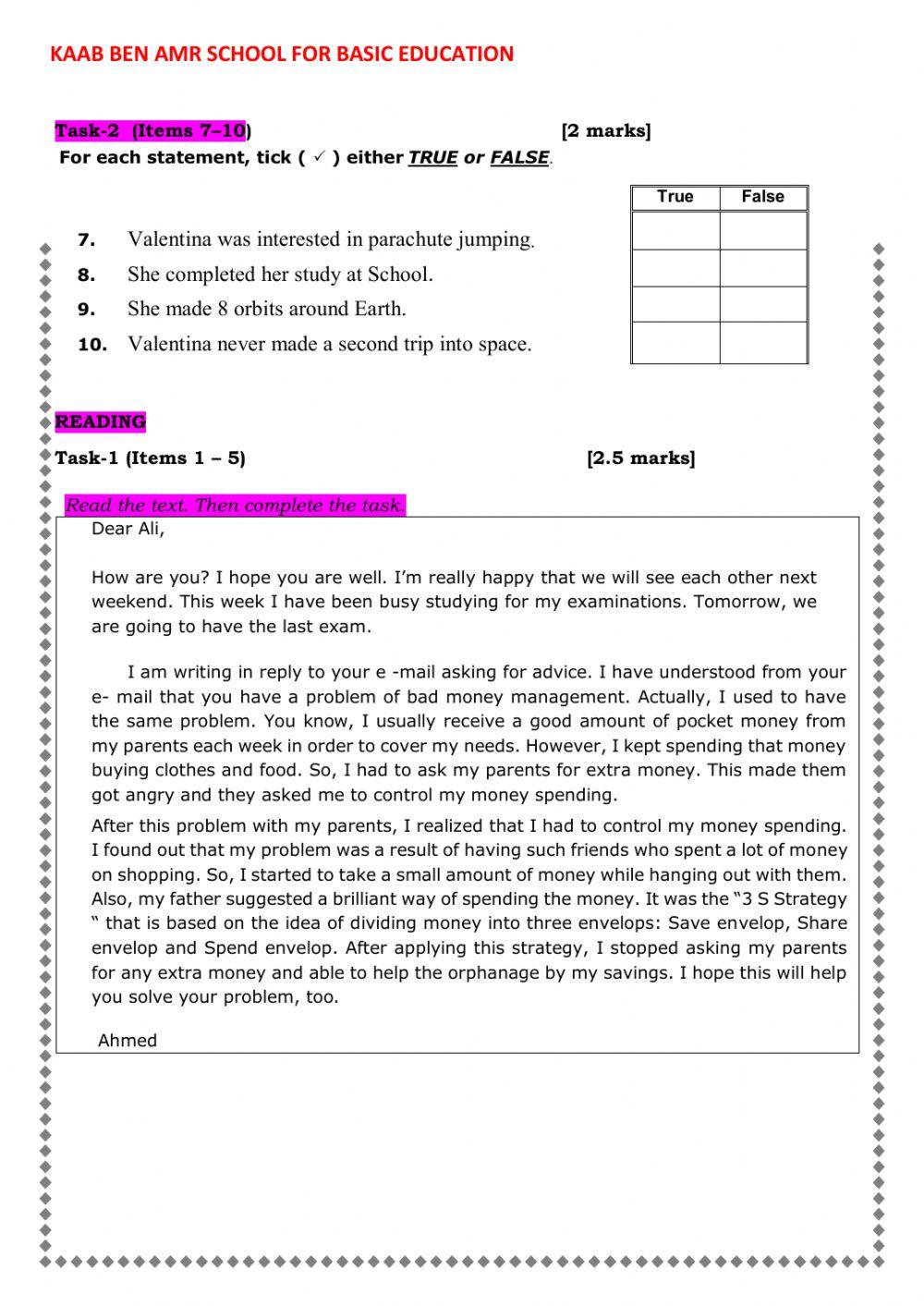 Grade 9 Class test 1 worksheet | Live Worksheets