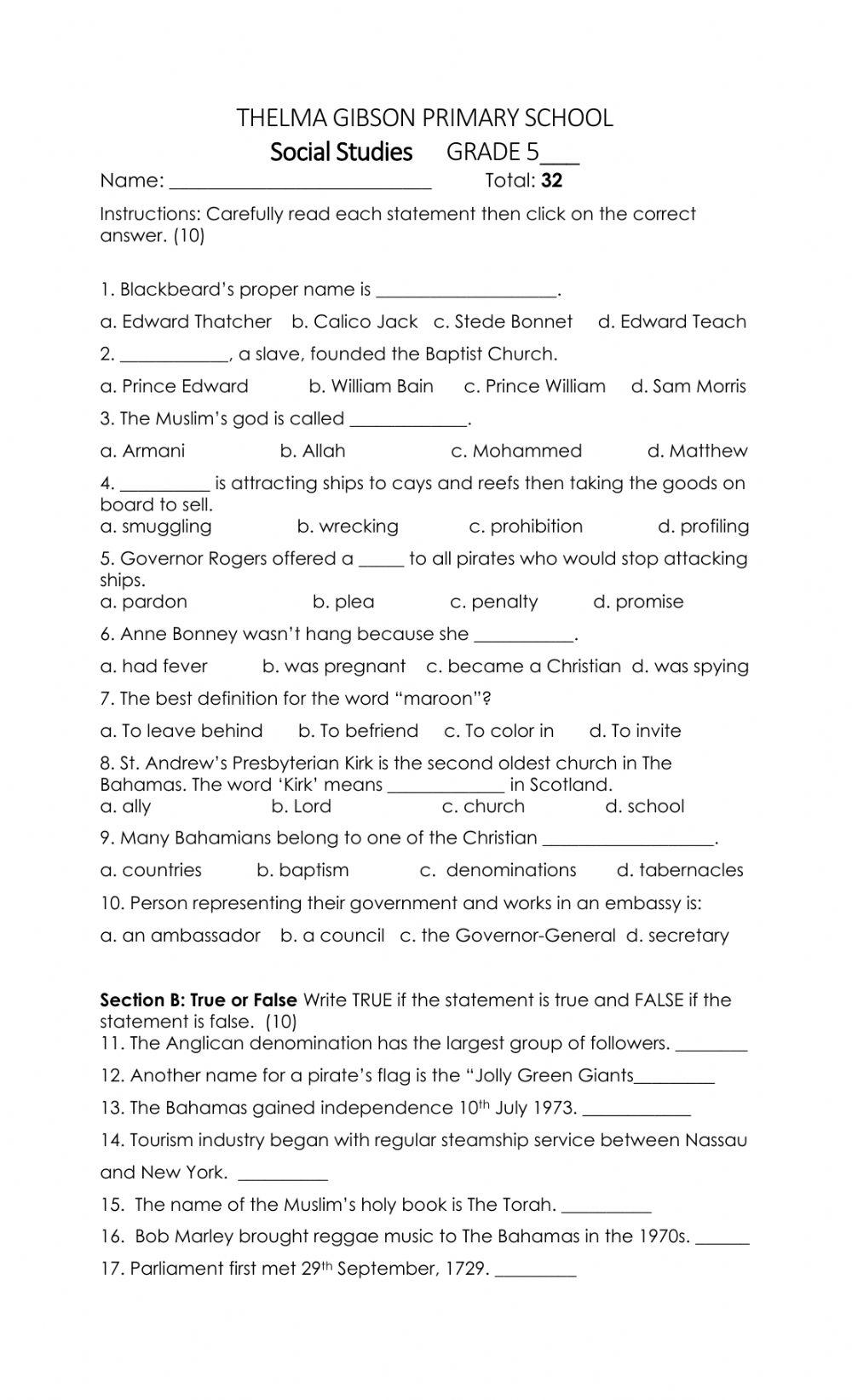Social Studies Grade 5 Christmas Test online exercise for | Live Worksheets