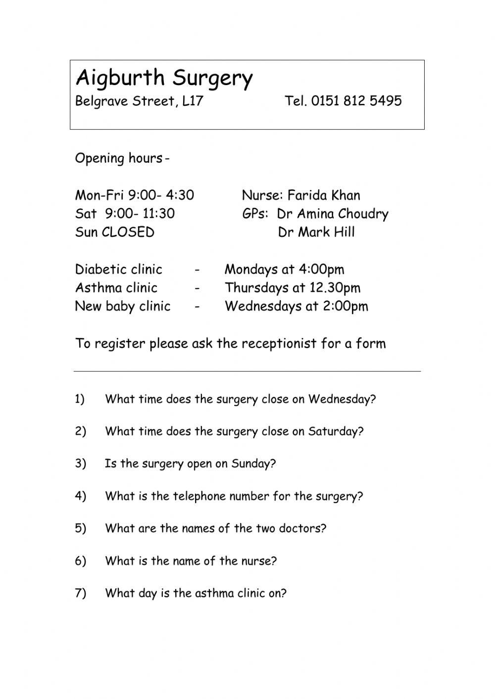 Dr's surgery worksheet | Live Worksheets