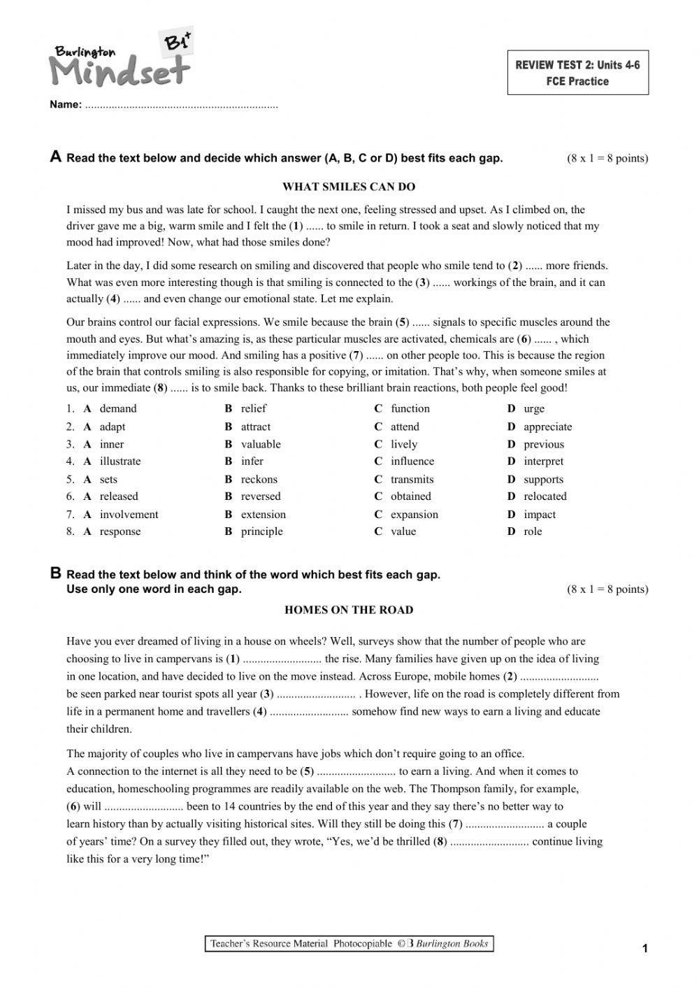 Mindset B1+ Review Test 2 Units 4-6 FCE Practice online exercise for ...