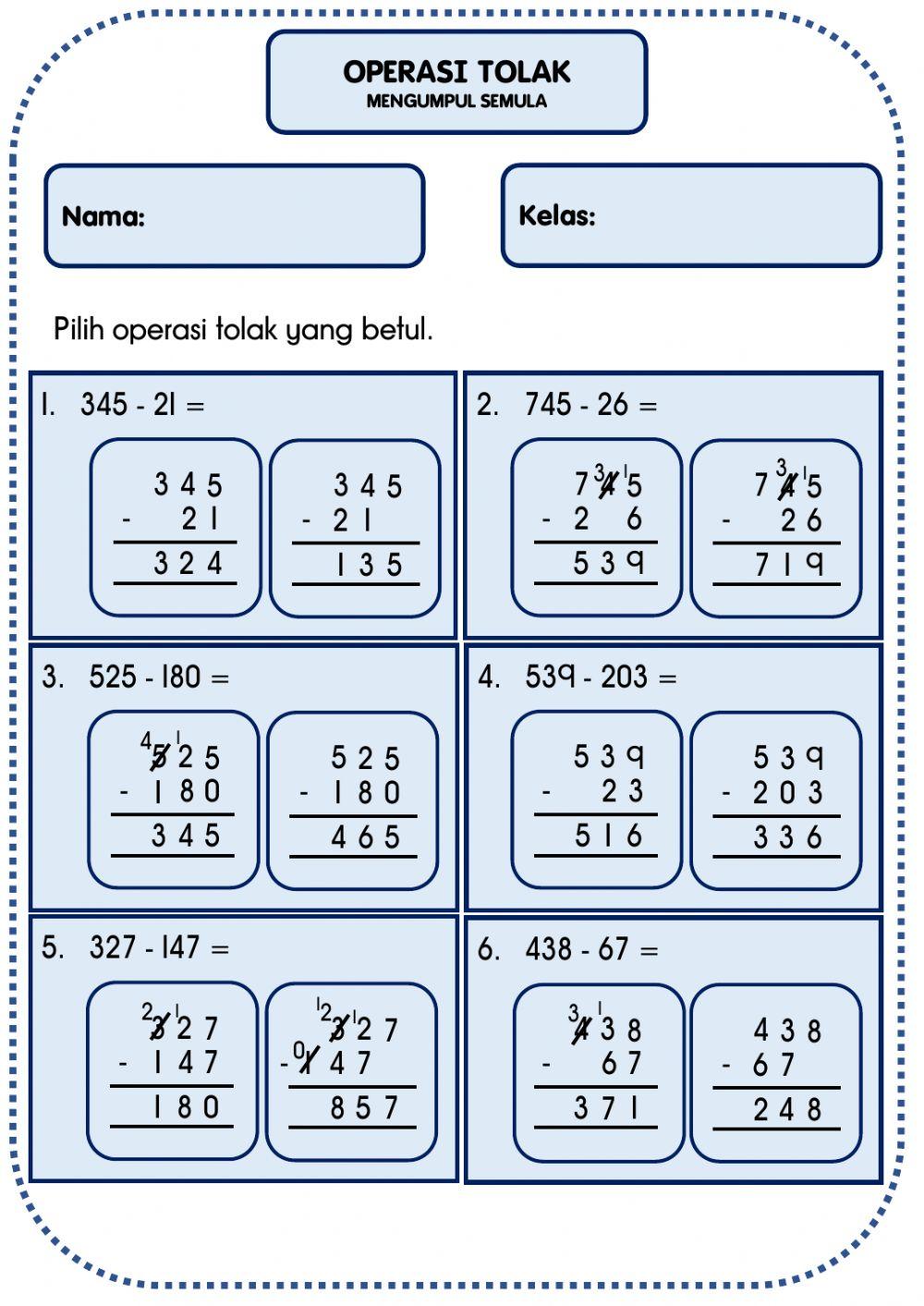 Operasi Tolak Mengumpul Semula worksheet | Live Worksheets