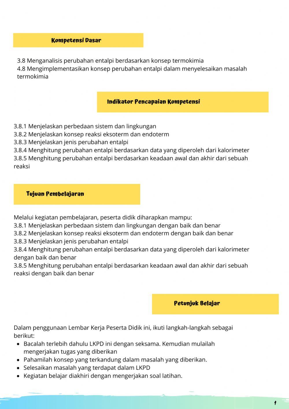 Lembar Kerja Peserta Didik Termokimia SMK worksheet | Live Worksheets