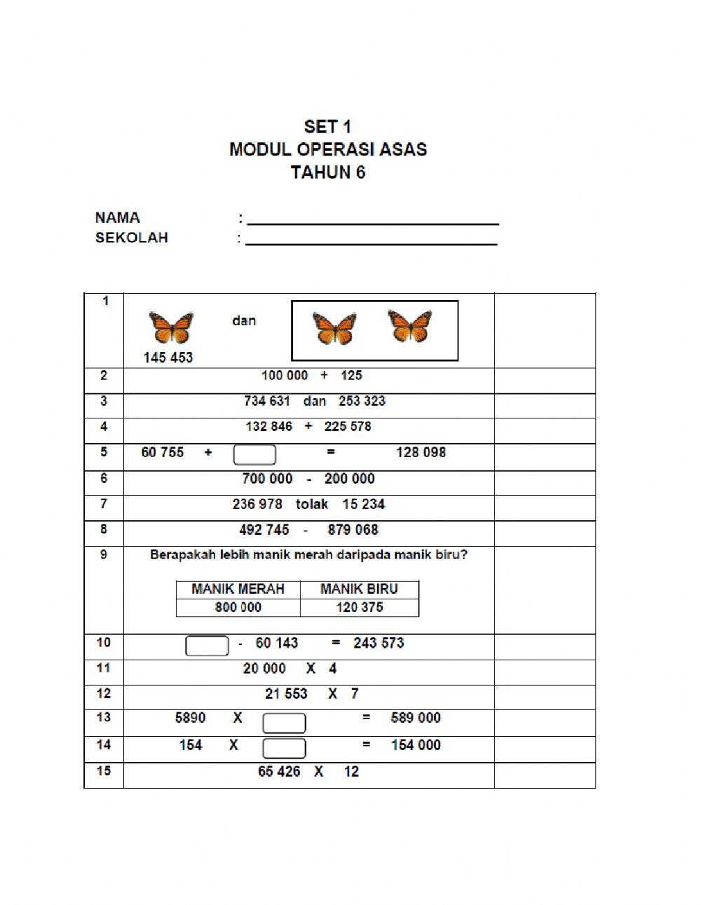 Modul Operasi Asas Set 1 worksheet | Live Worksheets