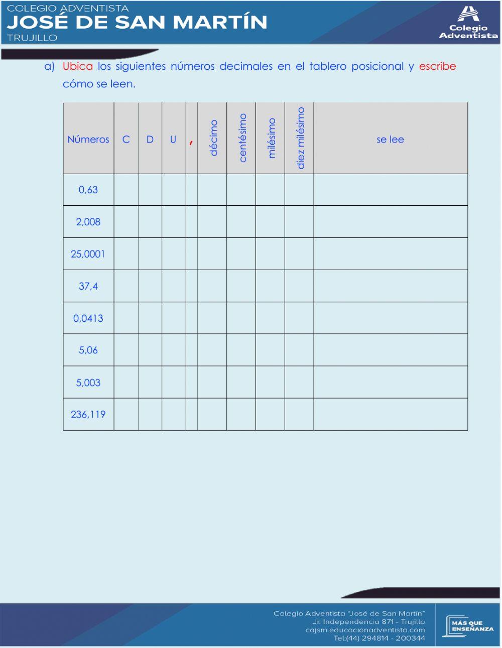 Números Decimales Online Exercise For Tercero Live Worksheets