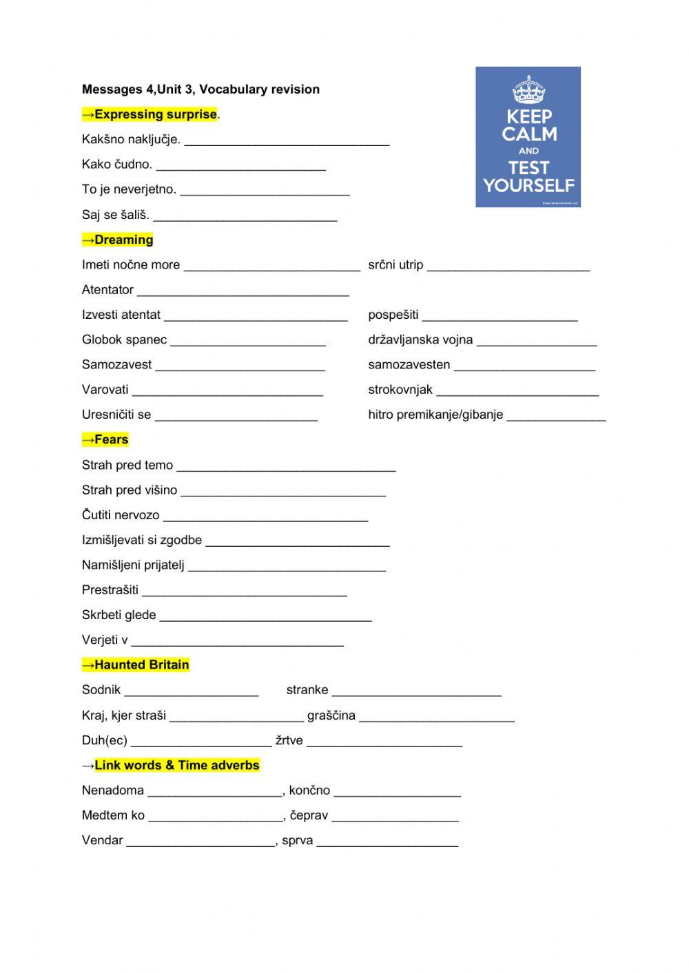 Messages 4, Unit 3, Vocabulary revision worksheet | Live Worksheets