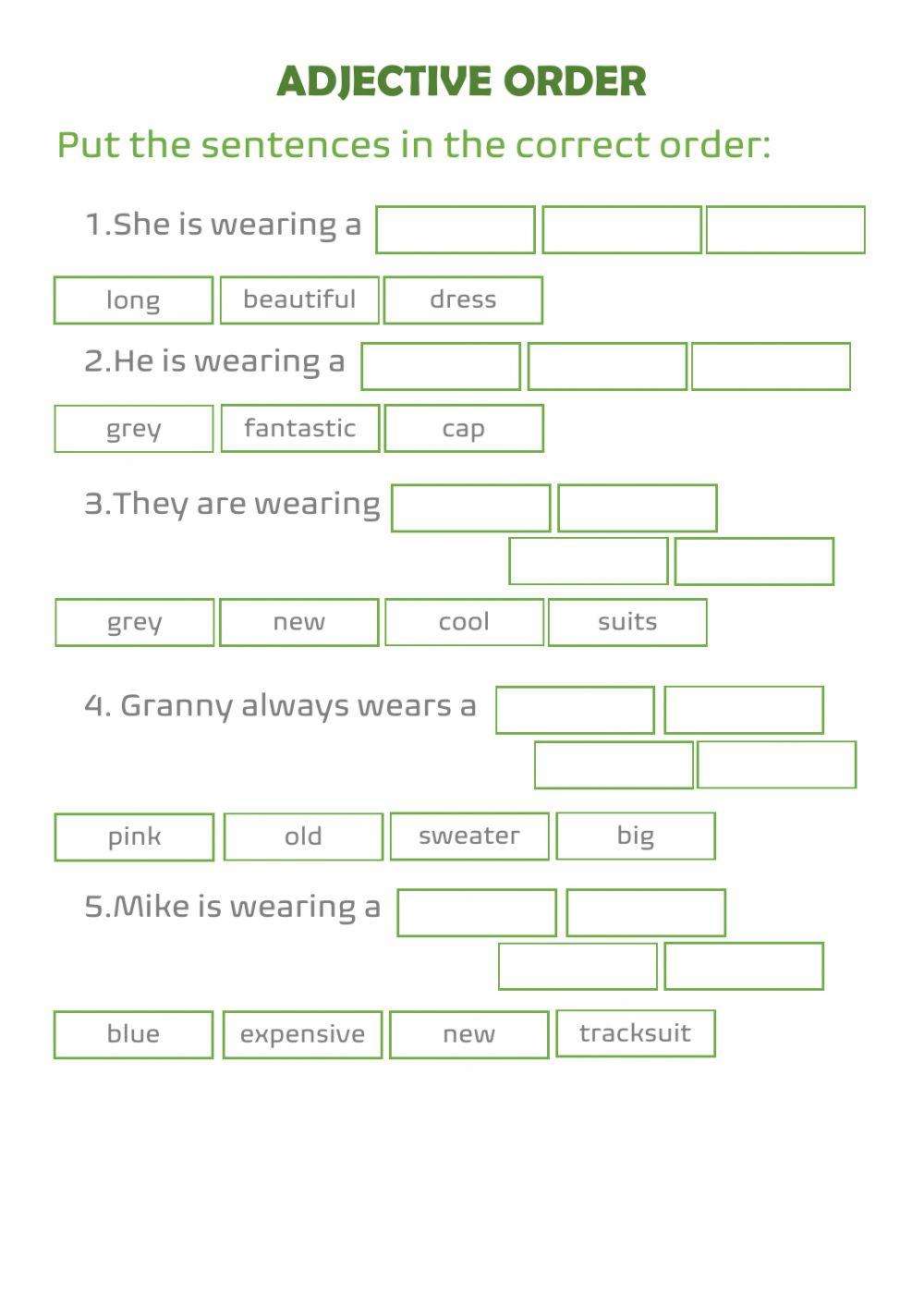 Adjective order | Free Interactive Worksheets | 564559