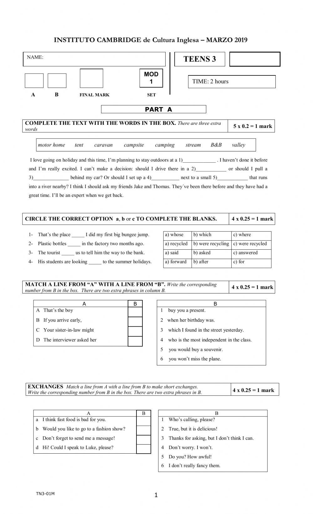 Teens 3 mock ex… | Free Interactive Worksheets | 564827
