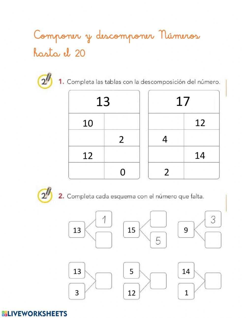 Matemáticas descomponer hasta el 20 worksheet | Live Worksheets