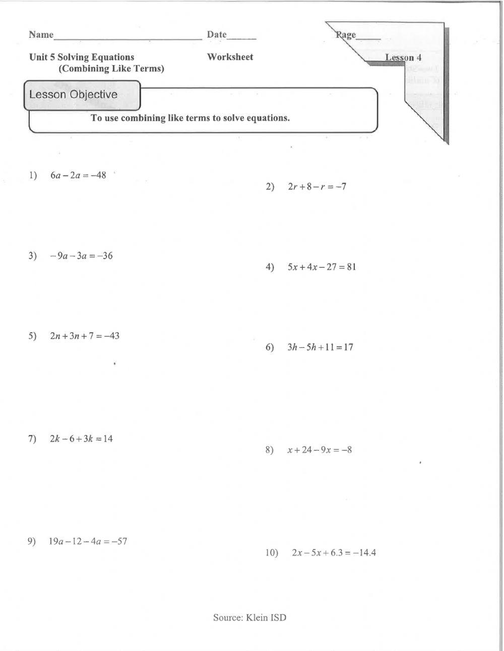 Combining Like Terms Worksheet 7th Grade
