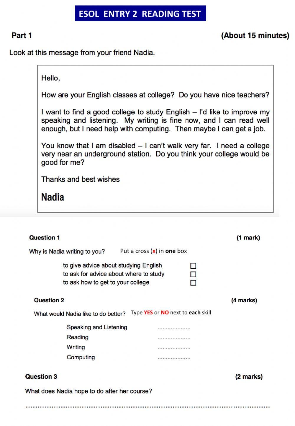 Reading test asking for advice worksheet | Live Worksheets