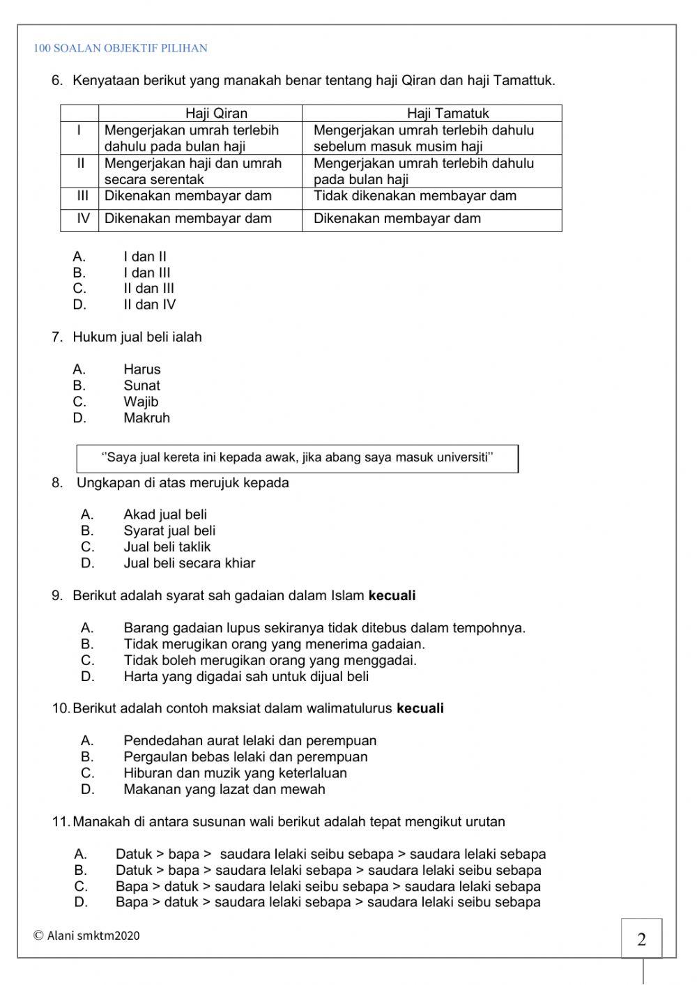 ULANGKAJI SOALAN OBJEKTIF SET 1 interactive worksheet | Live Worksheets