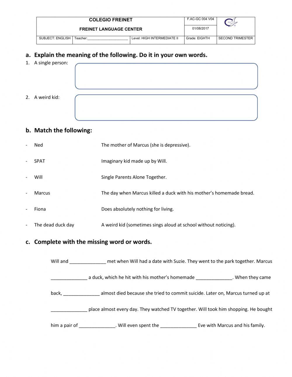 About a boy Week 15 worksheet | Live Worksheets