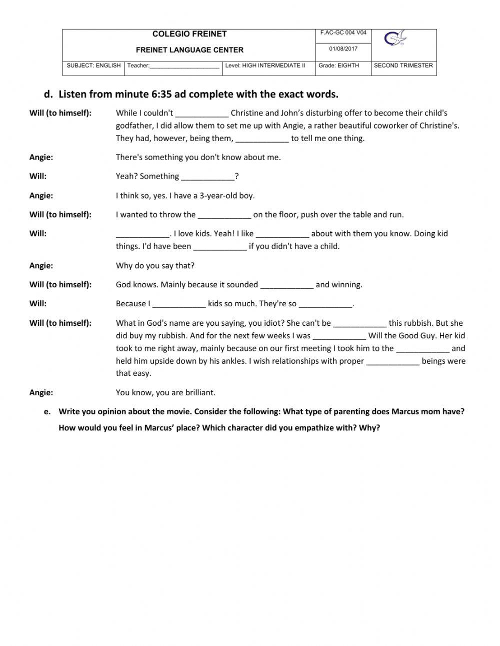 About a boy Week 15 worksheet | Live Worksheets