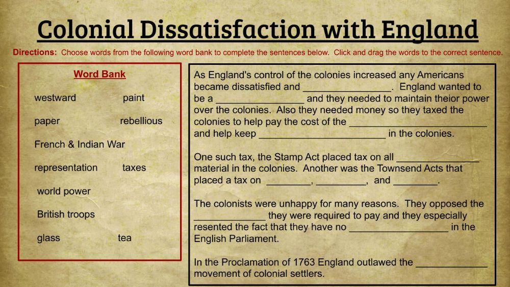 Colonial Dissatisfaction with Great Britain worksheet | Live Worksheets