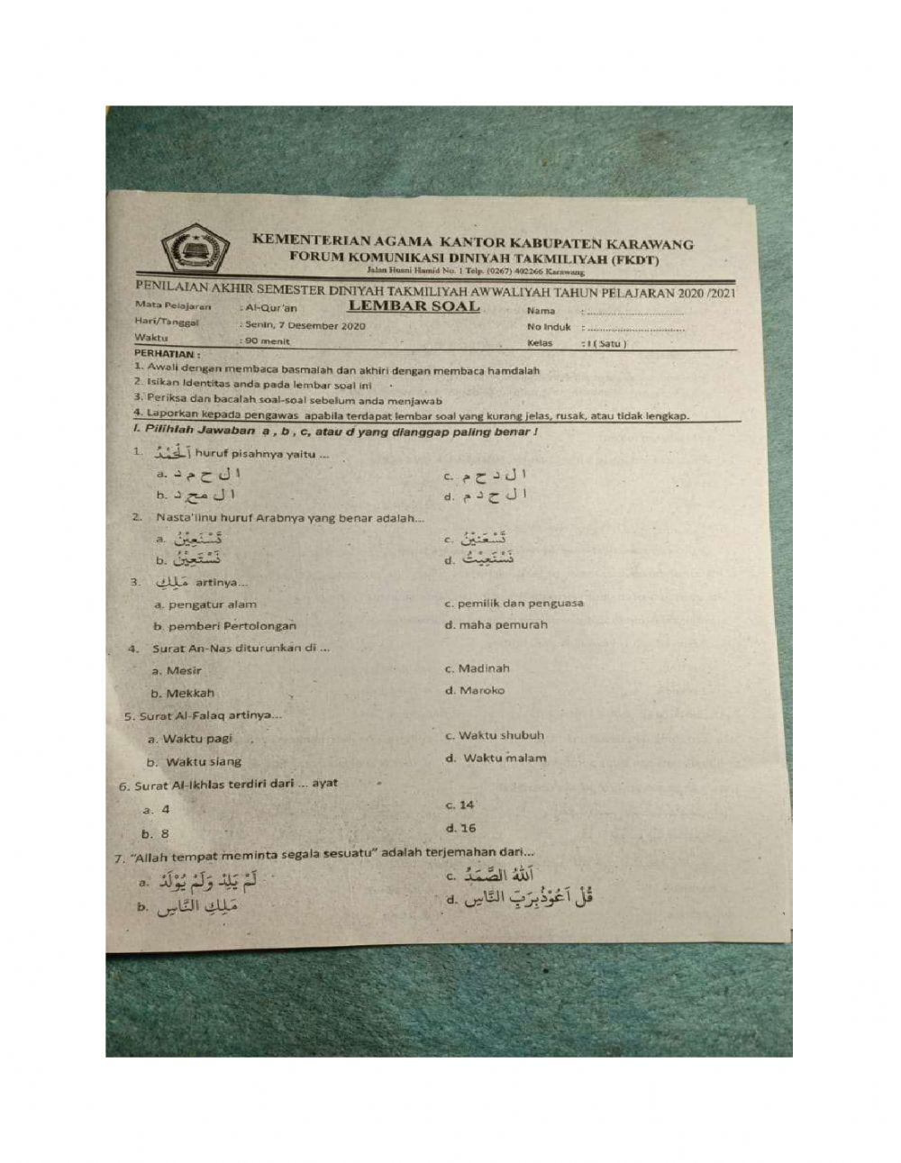 PAS DTA AL-QUR'AN kelas 1 DTA worksheet | Live Worksheets