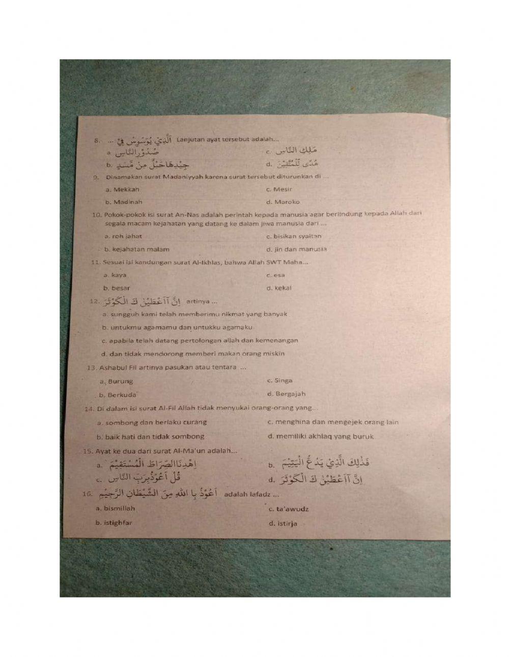 PAS DTA AL-QUR'AN kelas 1 DTA worksheet | Live Worksheets