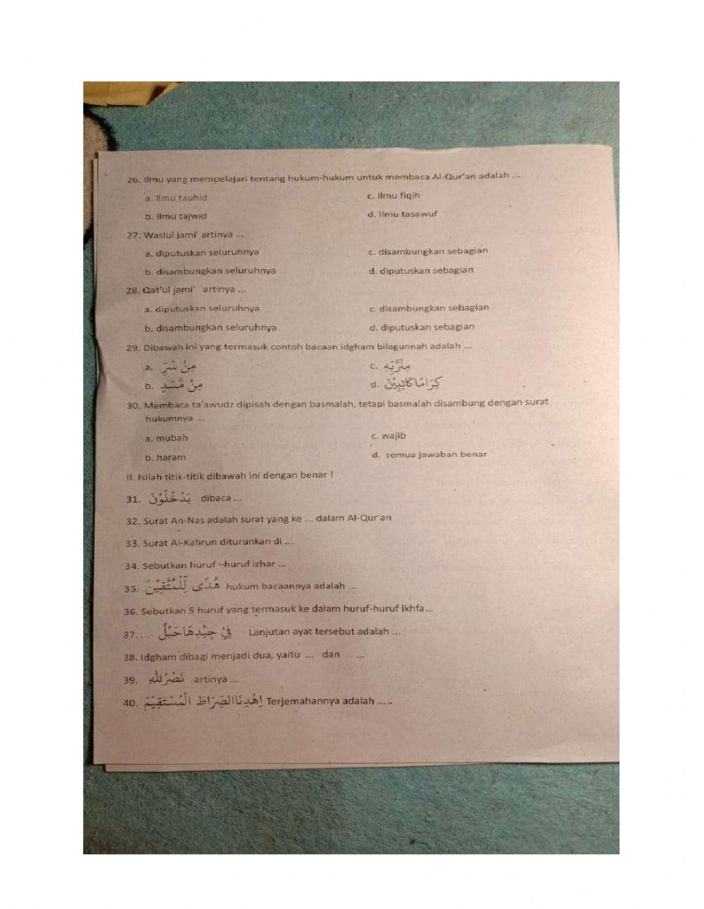 PAS DTA AL-QUR'AN kelas 1 DTA worksheet | Live Worksheets