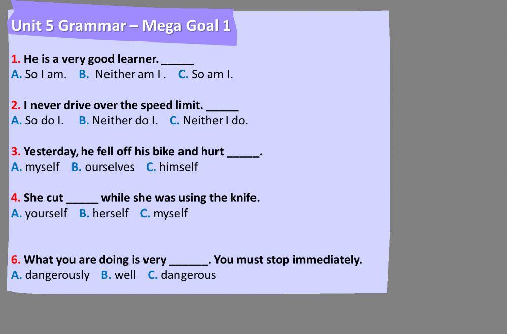 Unit 5 - Grammar Worksheet - Mega Goal 1 online exercise for | Live Worksheets
