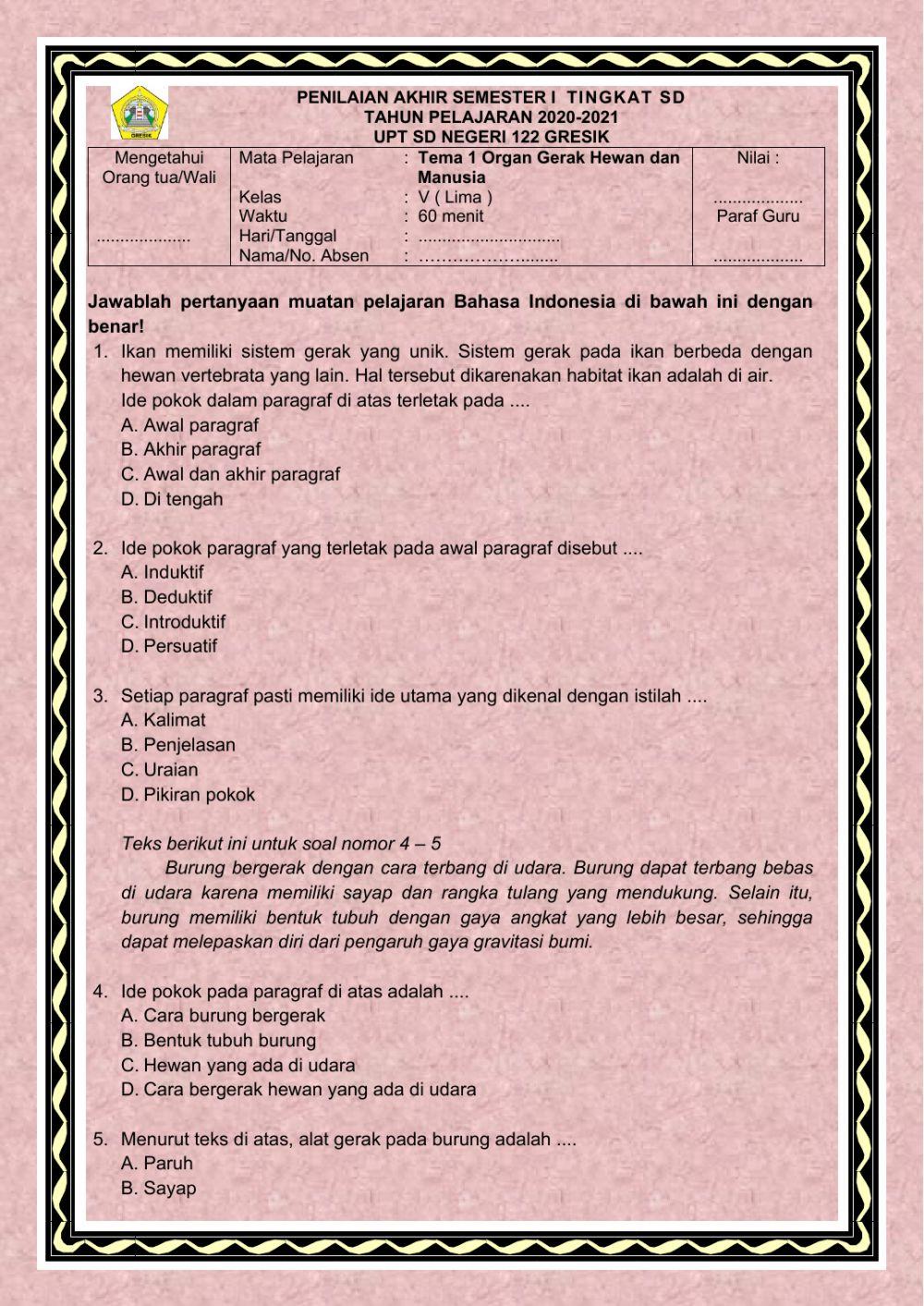 PAS I Tema 1 Bahasa Indonesia Kelas 5 Tahun Pelajaran 2020-2021 ...