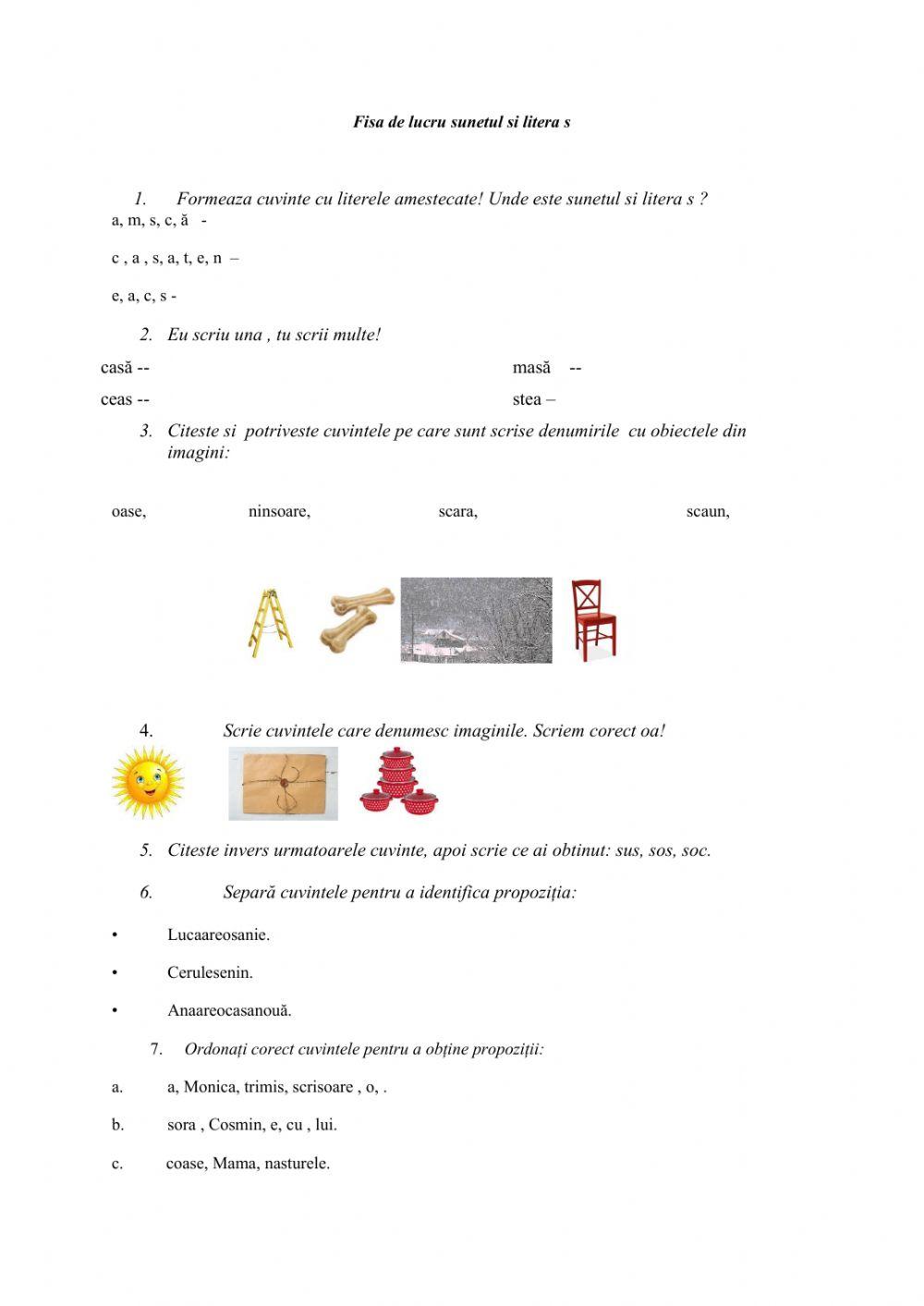 Fisa sunetul si litere S online exercise for | Live Worksheets